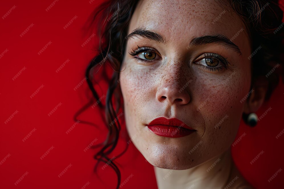 Premium Photo A Woman With Freckles And Red Lipstick