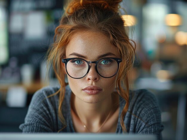 Woman With Glasses Looking at Computer Screen Generative AI | Premium ... Woman With Glasses Looking at Computer Screen Generative AI | Premium ...