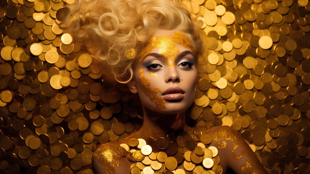 Premium Photo Woman With Gold Female With Gold Photo Gold Coins Background Rich Woman Gold