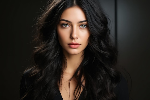 Premium Photo Woman With Long Black Hair And Blue Eyes Is Posing For