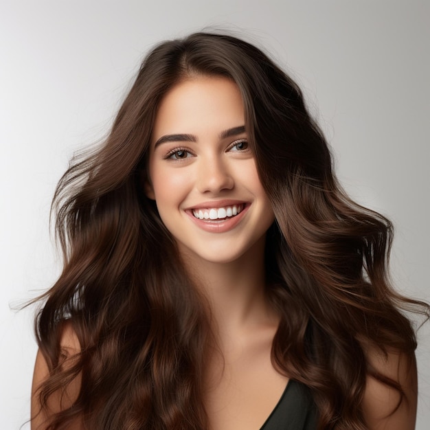 Premium AI Image | a woman with long brown hair smiling with a smile ... Premium AI Image | a woman with long brown hair smiling with a smile ...