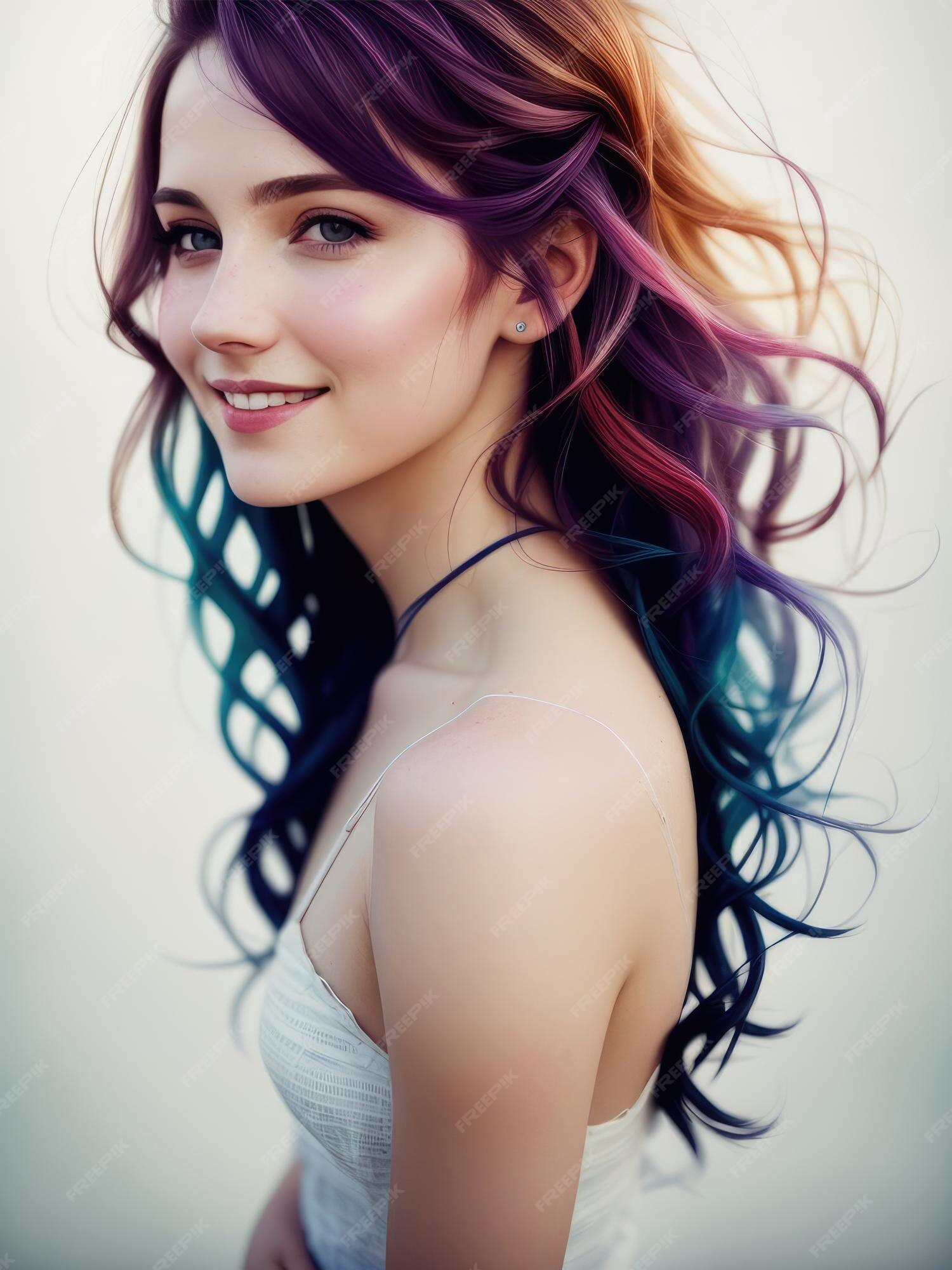 Premium Ai Image A Woman With Long Hair And Blue And Purple Hair