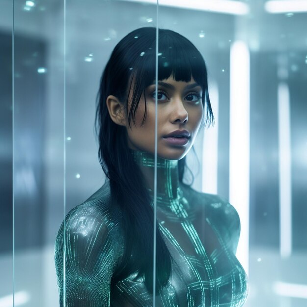 Premium Photo A Woman With Long Hair And A Green Shirt Is Standing In A Glass Case