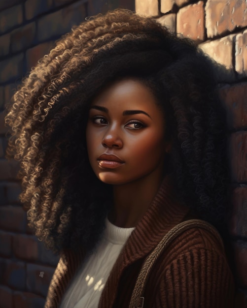 Premium Ai Image A Woman With Long Hair Stands In Front Of A Brick Wall