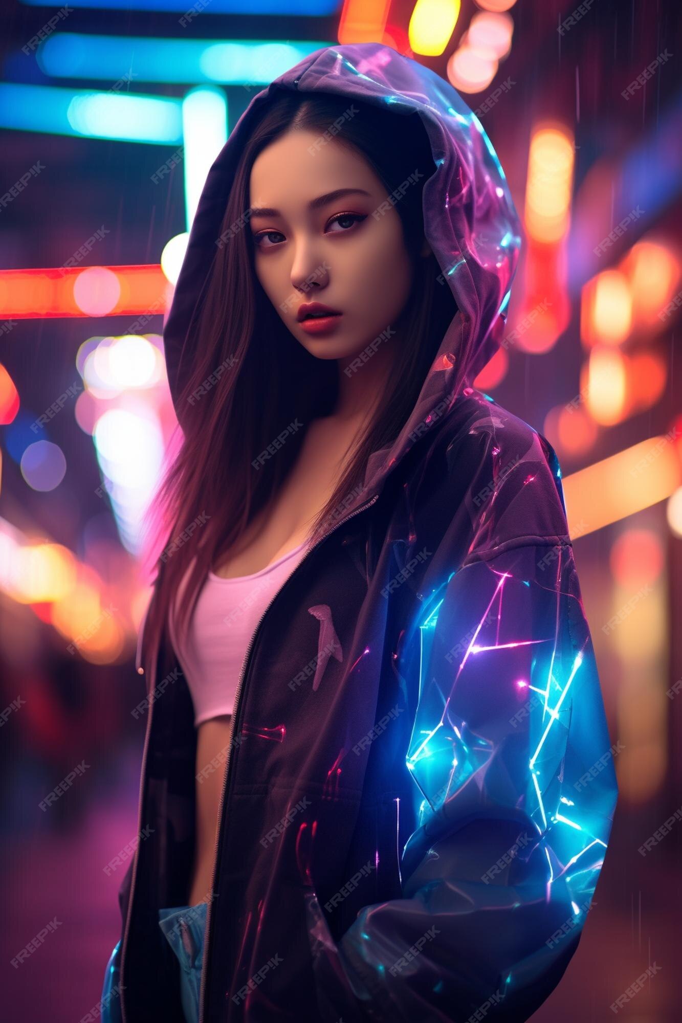 Premium Ai Image A Woman With Neon Make Up And Neon Hair Dressed In A Metallic Jacket