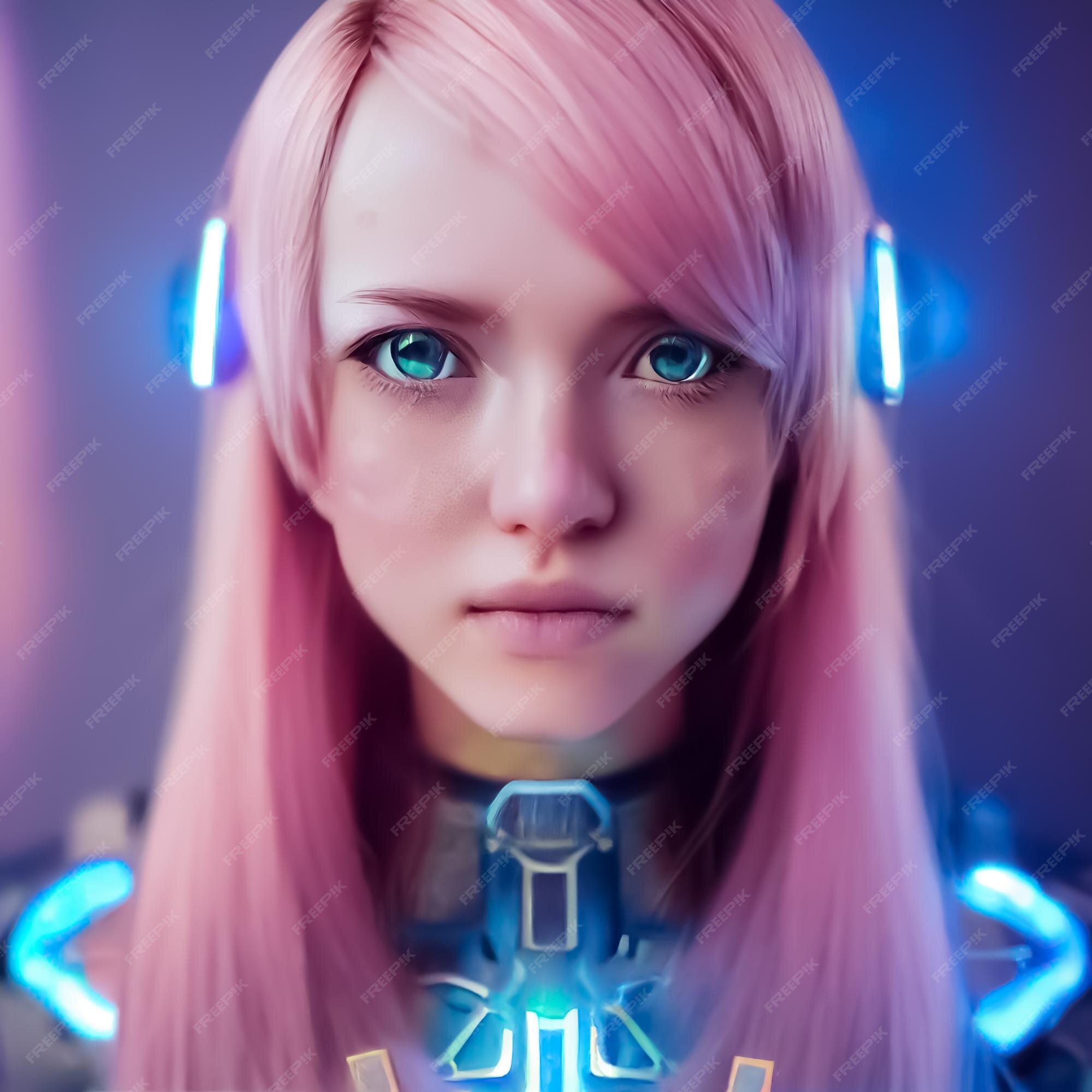 Premium Ai Image A Woman With Pink Hair And Blue Eyes Is Looking At The Camera
