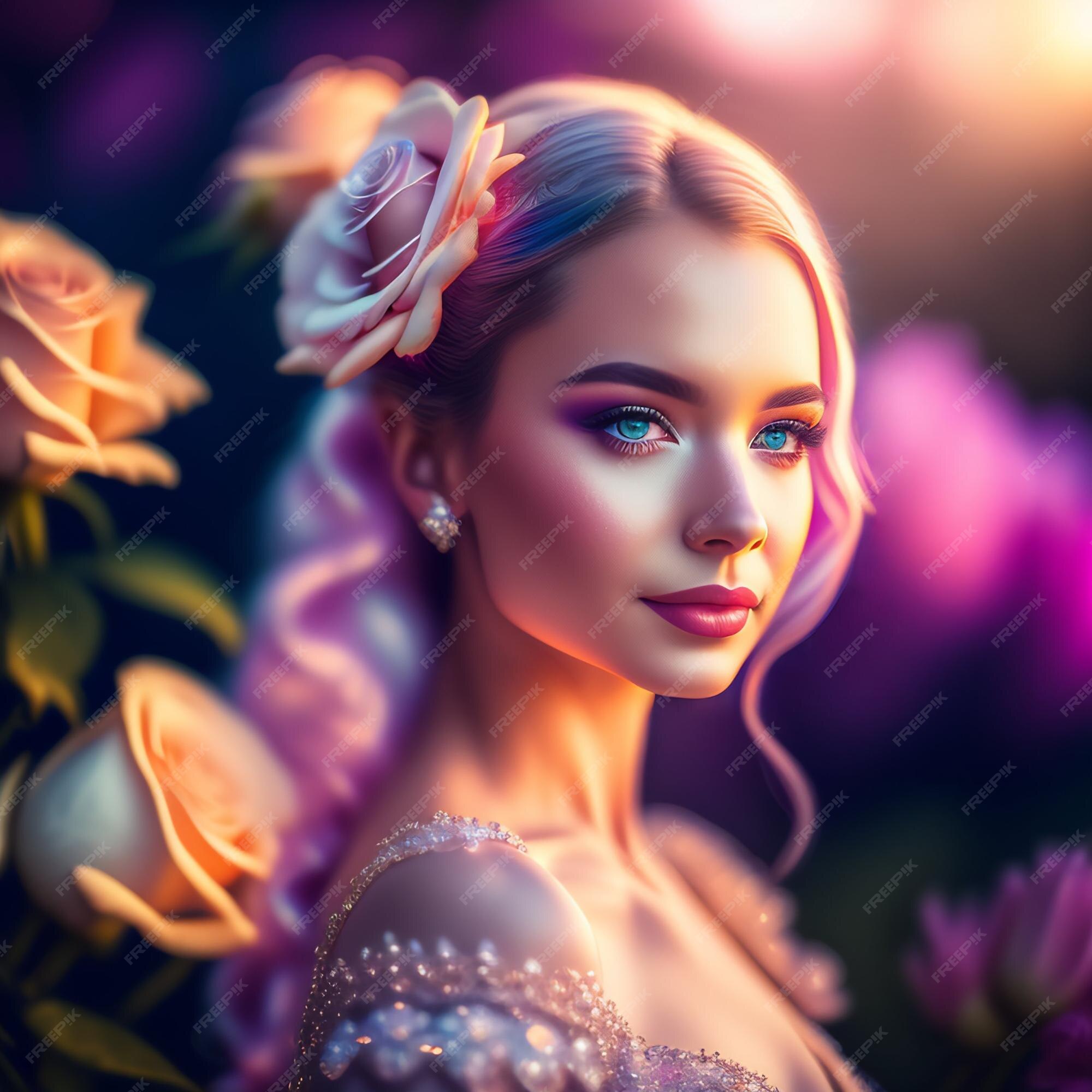 Premium Ai Image A Woman With Pink Hair And Blue Eyes Stands In Front Of Roses