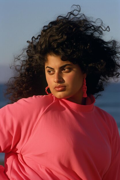 Premium Ai Image A Woman With A Pink Top And Earrings On