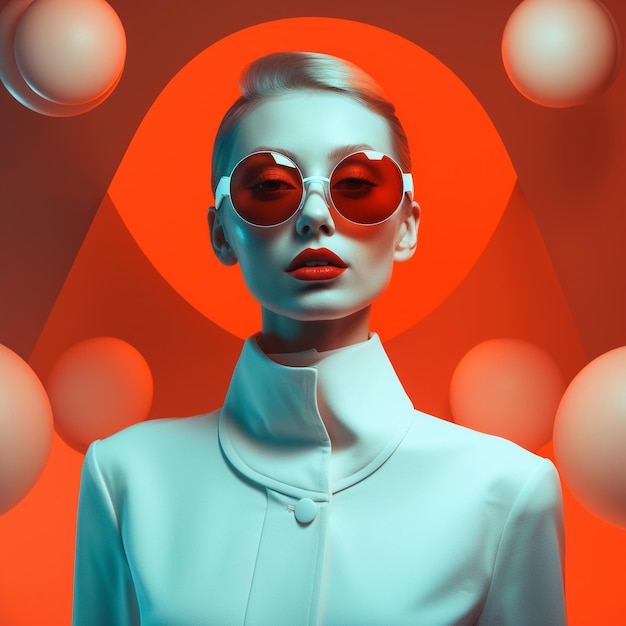 Premium Ai Image A Woman With Red Glasses And A Red Background With Circles In The Middle