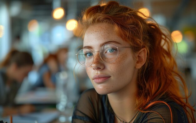 Woman With Red Hair And Glasses Sitting At A Table Generative Ai