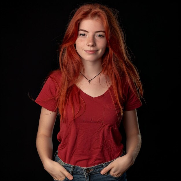 A Woman With Red Hair And A Red Shirt That Says She Is Wearing A