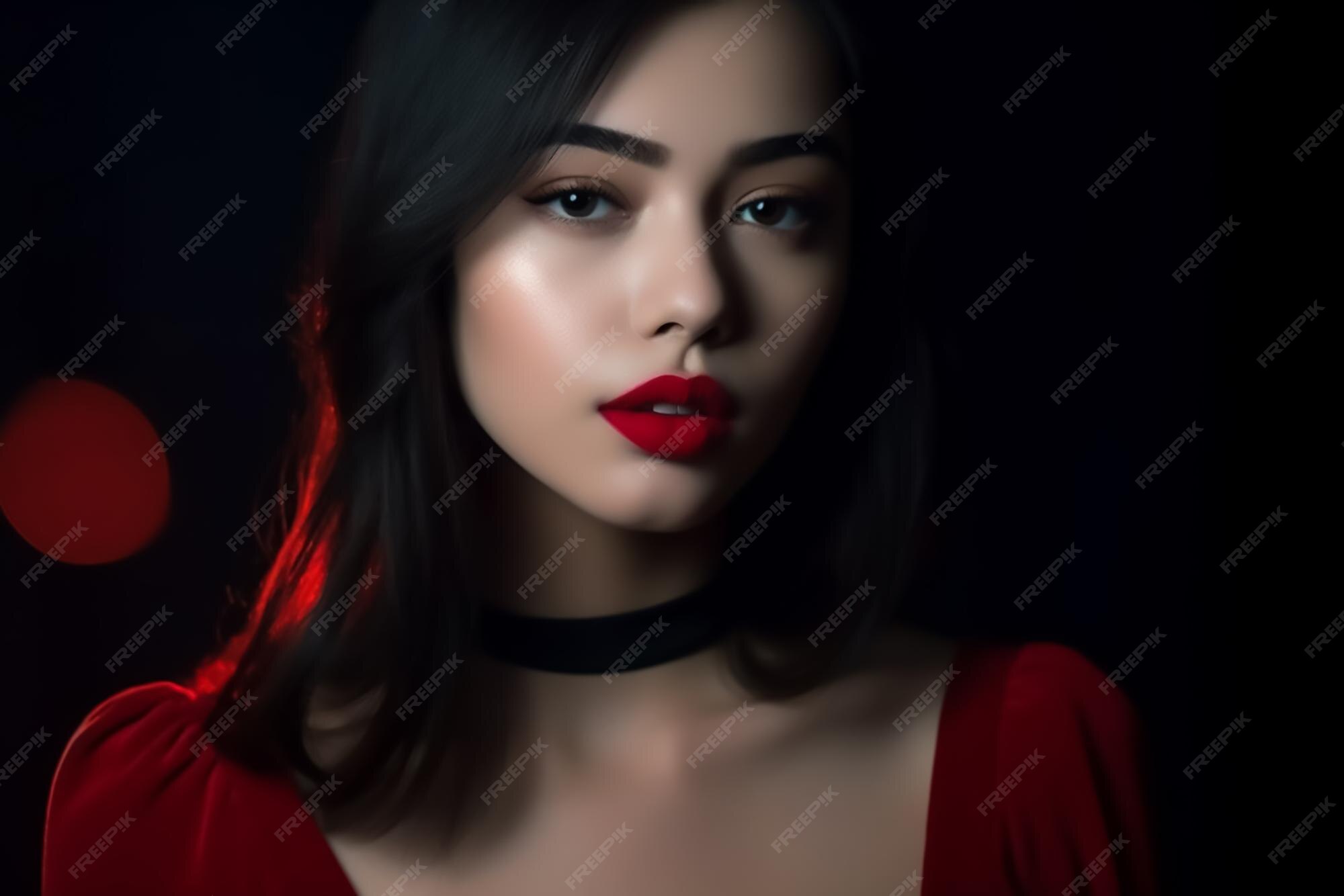 Premium Ai Image A Woman With Red Lipstick And A Black Background