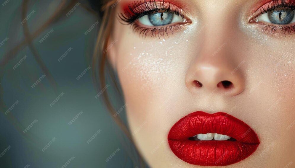Premium Photo Woman With Red Lipstick And Blue Eyes