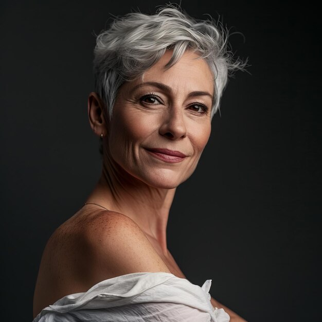 Premium Photo A Woman With Short Gray Hair Posing For The Camera
