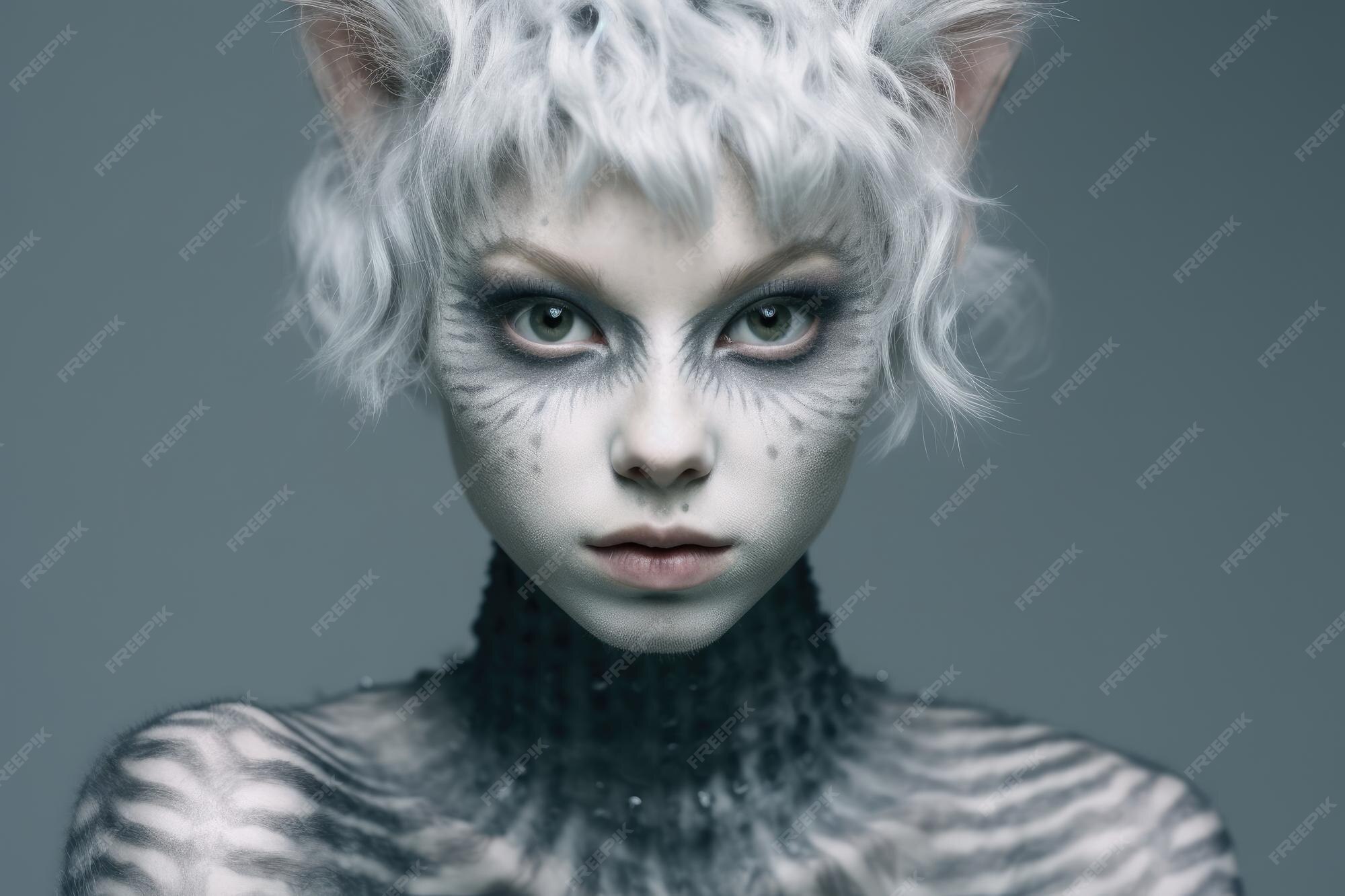 Premium Ai Image A Woman With White Hair And Cat Ears