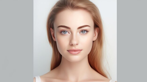 Premium Ai Image A Woman With A White Shirt And Blue Eyes Stands In