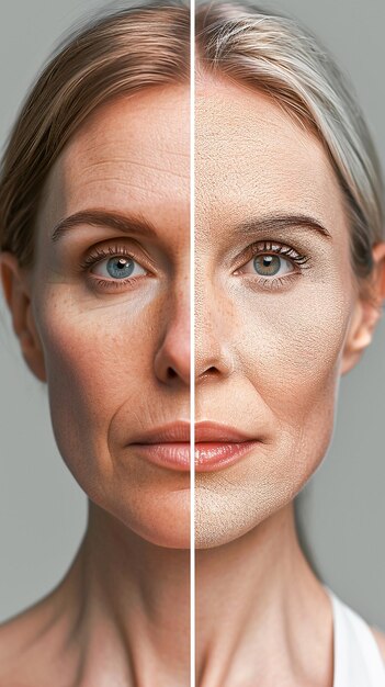 A womans face split in half showing the effects of aging One side is ... A womans face split in half showing the effects of aging One side is ...