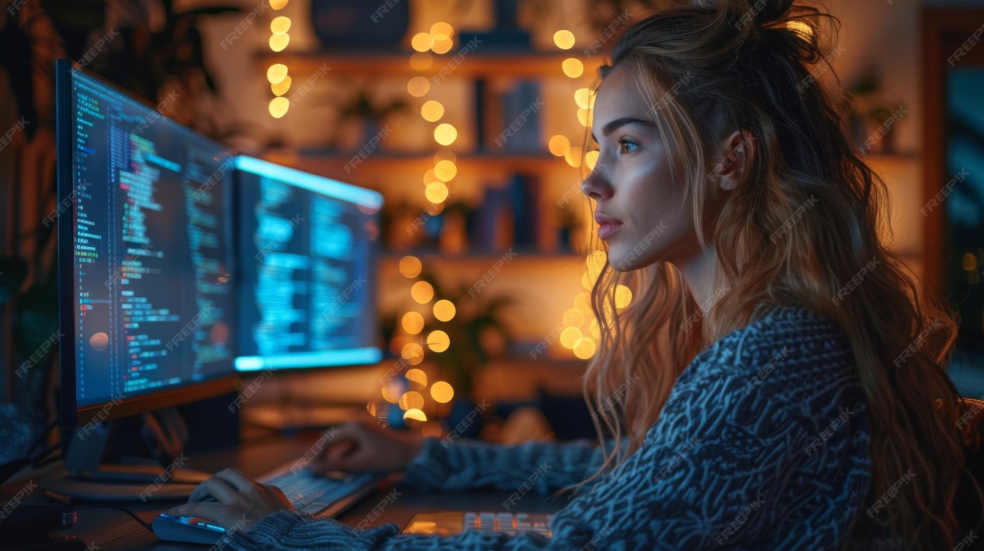 Women standing opposite a man developer working on a computer to ...