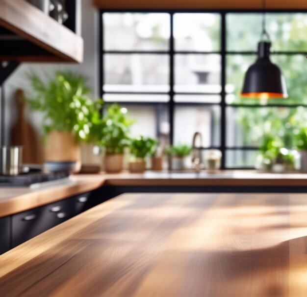 Premium Photo | Wooden table on blurred kitchen bench background Empty ... Premium Photo | Wooden table on blurred kitchen bench background Empty ...