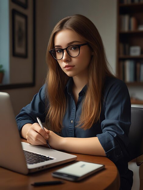 Working Woman Sitting at Table With Laptop | Premium AI-generated image Working Woman Sitting at Table With Laptop | Premium AI-generated image