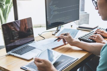 Premium Photo | Writing codes and typing data code technology ...