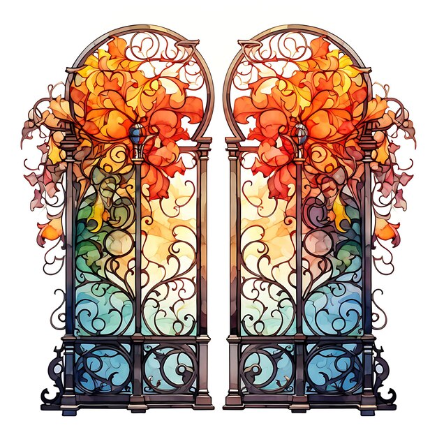 Premium Ai Image Wrought Iron Gate With Stained Glass Accentuate T Watercolor Gate Beauty Art