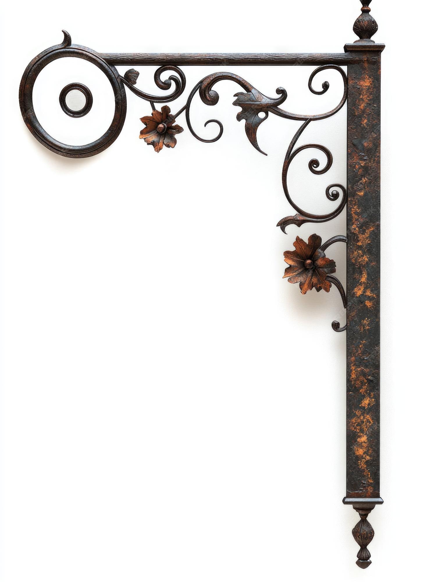 Wrought Iron Scroll Artistic Ancient Iron Signage With Blank Board Background Premium Ai