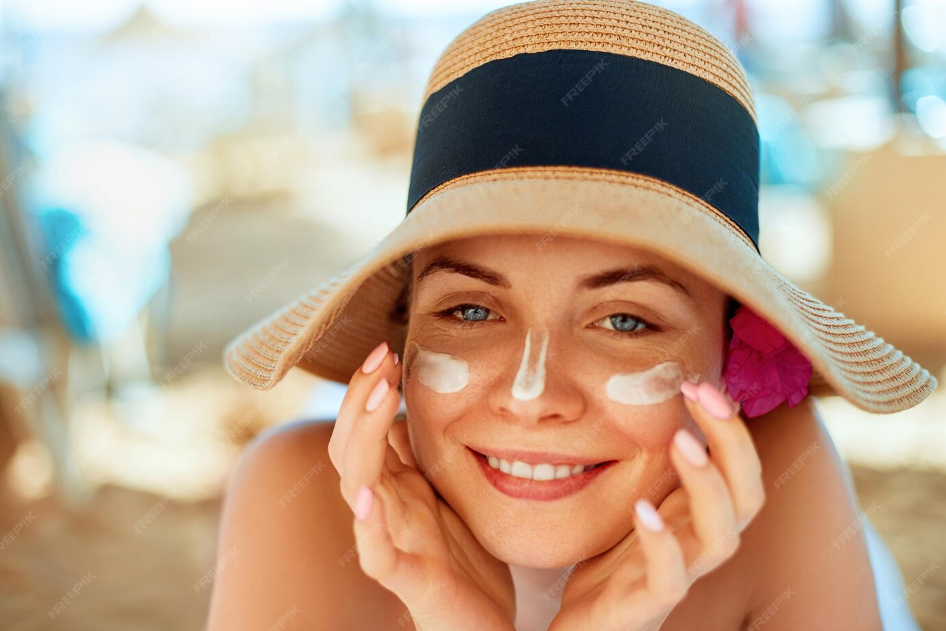 Premium Photo Xawoman Smile Applying Sun Cream On Face Skincare Body