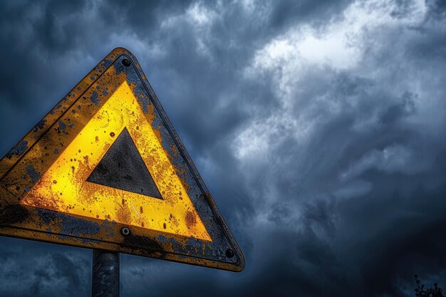 A yellow triangular sign sits atop a metal pole providing clear ... A yellow triangular sign sits atop a metal pole providing clear ...