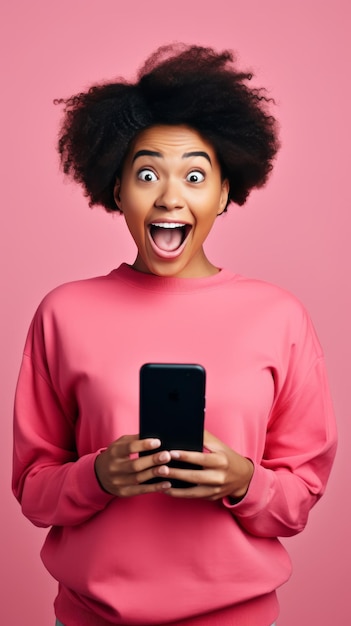 Premium Photo Young African Woman Holds A Phone With A Surprised Face