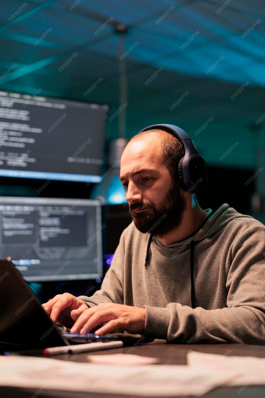 Premium Photo | Young app developer writing code and listening to music on headphones, using ...