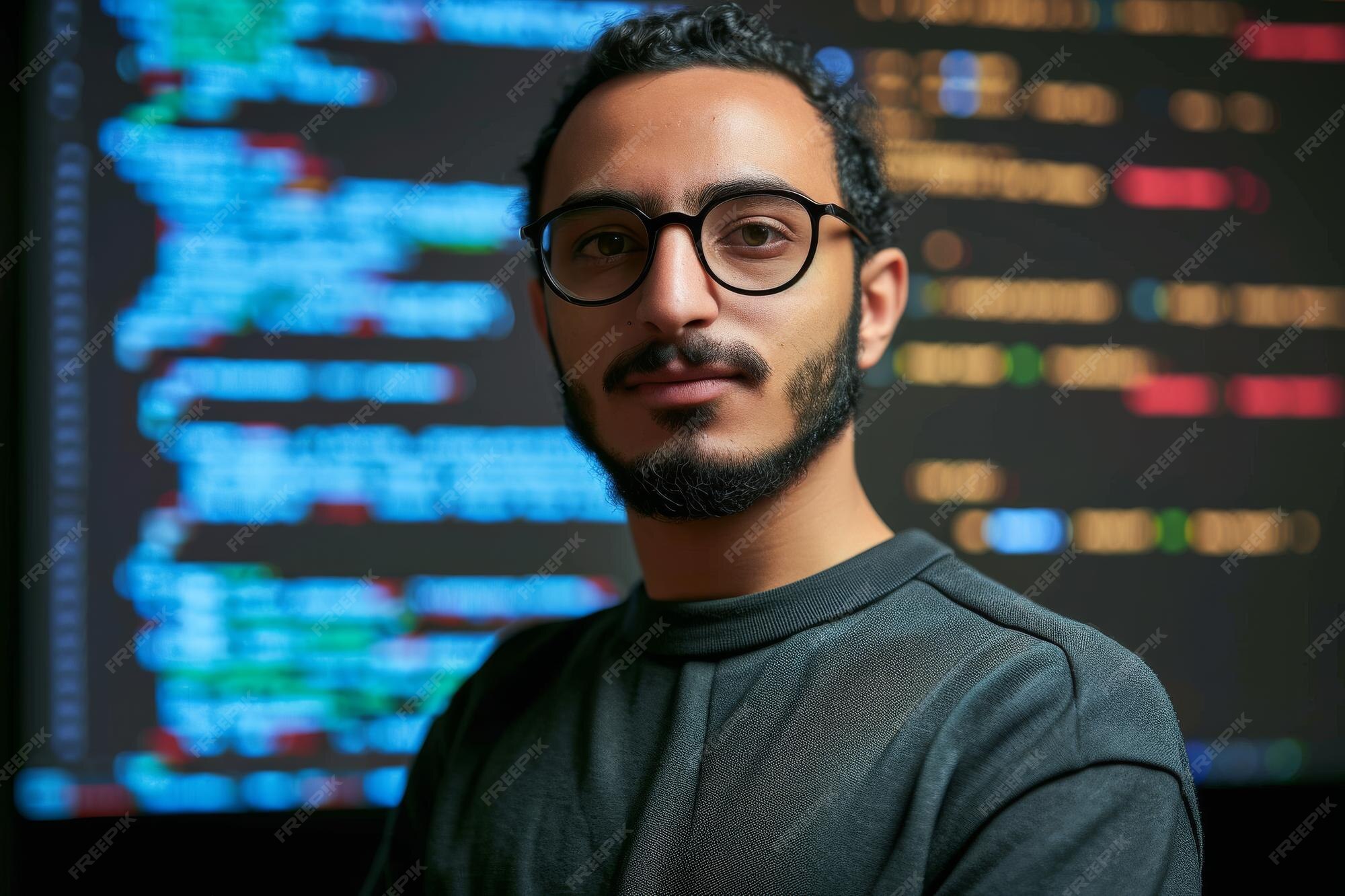 Young Arabian programmer against coding background Portrait of serious ... Young Arabian programmer against coding background Portrait of serious ...