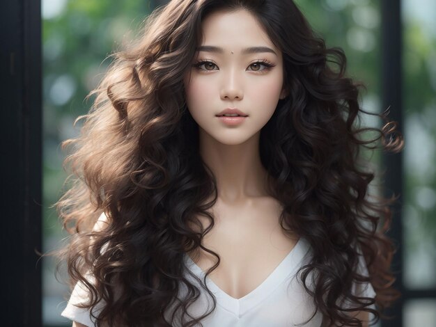 Premium Photo Young Asian Beauty Woman Curly Long Hair With Korean