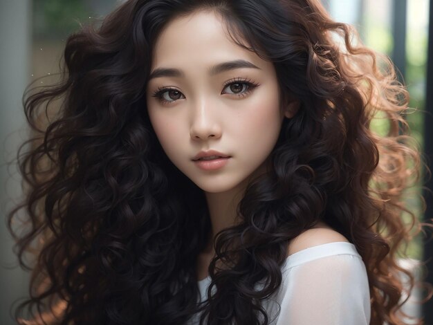 Premium Photo Young Asian Beauty Woman Curly Long Hair With Korean