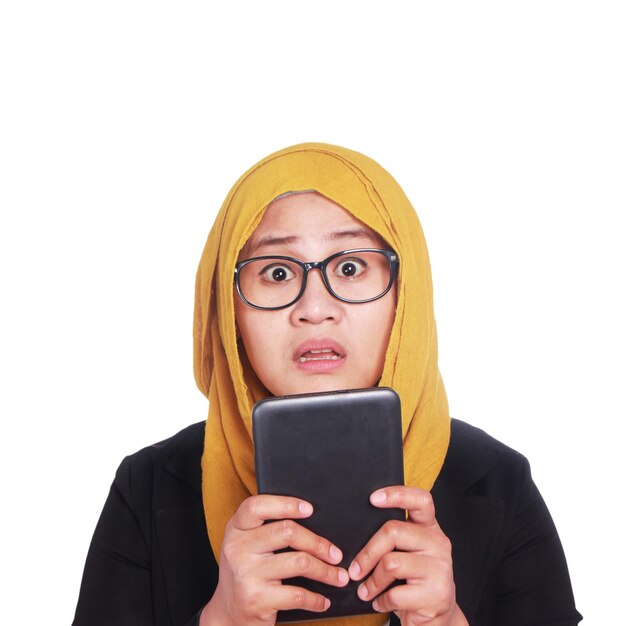 Premium Photo Young Asian Businesswoman Shocked Expression Holding A Tablet Surprised Expression