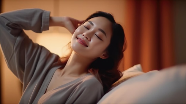 Premium Ai Image Young Asian Woman In Pajamas Stretching On Bed In