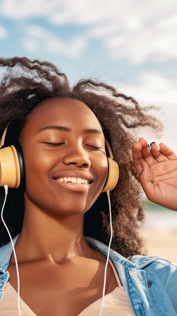 Young Black Woman Listening To Music On Wireless Headphones On The