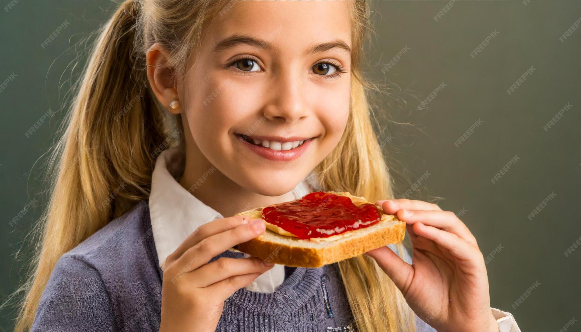 Premium Photo Young Blonde Girl Eating A Peanut Butter And Red Jelly Sandwich Close Up Copy