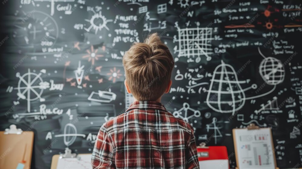 Young boy pondering complex math equations on blackboard | Premium AI ... Young boy pondering complex math equations on blackboard | Premium AI ...