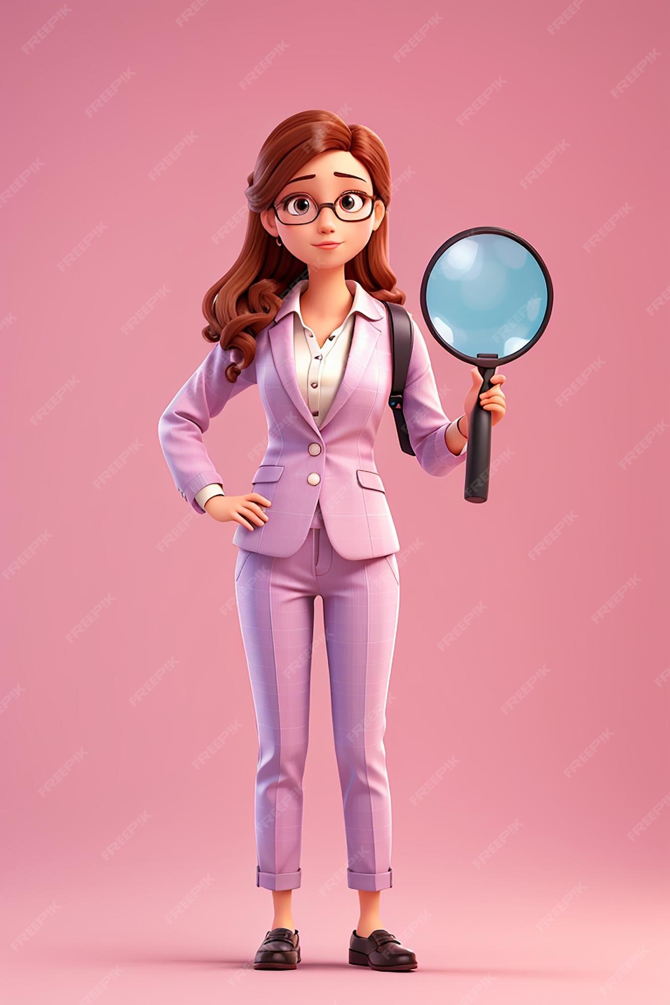 Premium Photo Young Businesswoman Holding A Magnifying Glass Cartoon