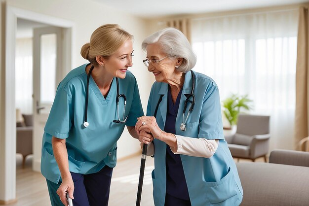 Premium Photo Young Caregiver Helping Senior Woman Walking Nurse