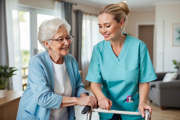 Premium Photo Young Caregiver Helping Senior Woman Walking Nurse