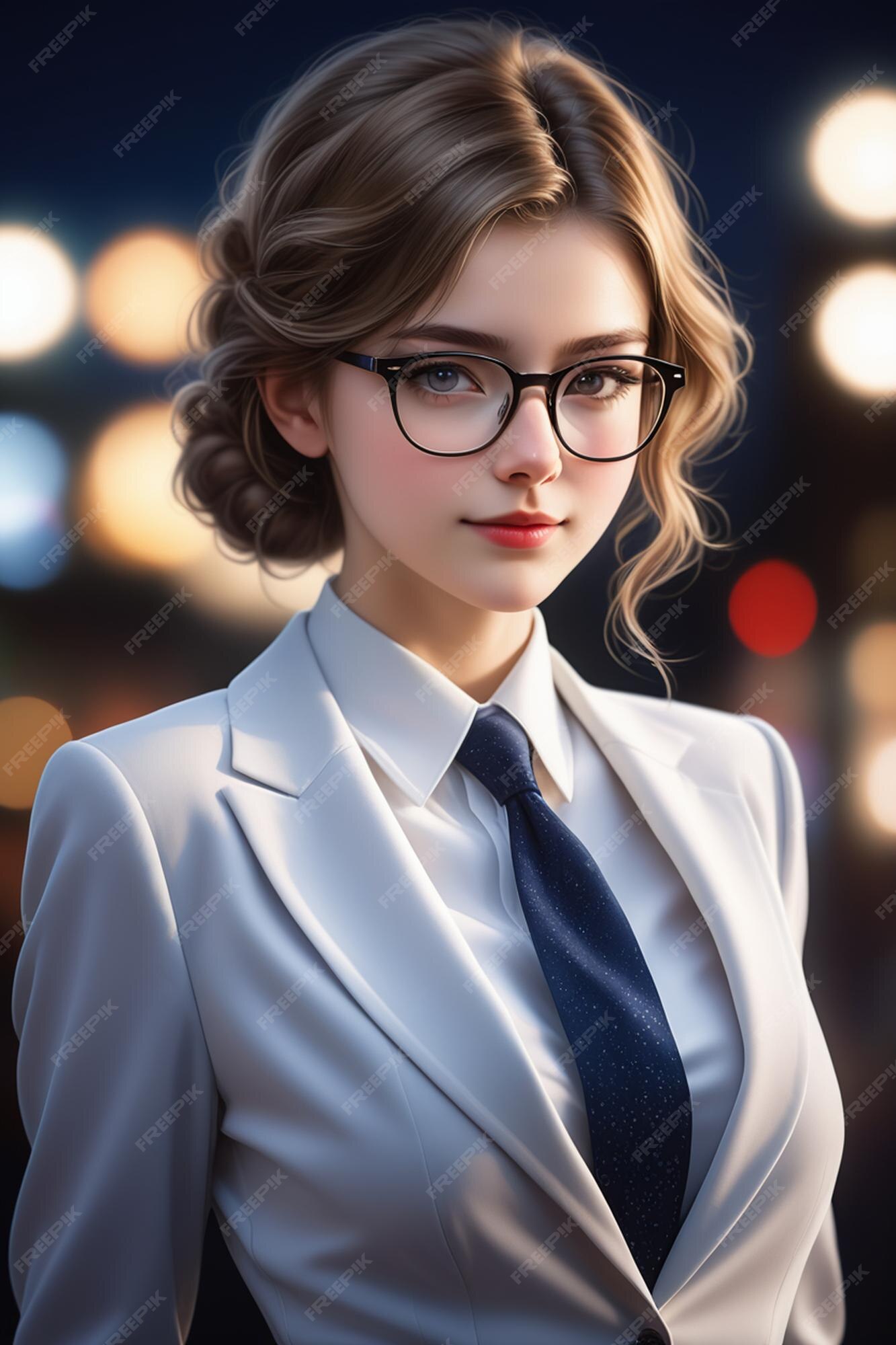 Premium Photo A Young European Pretty Girl In Suit And Glasses On A Night Background In