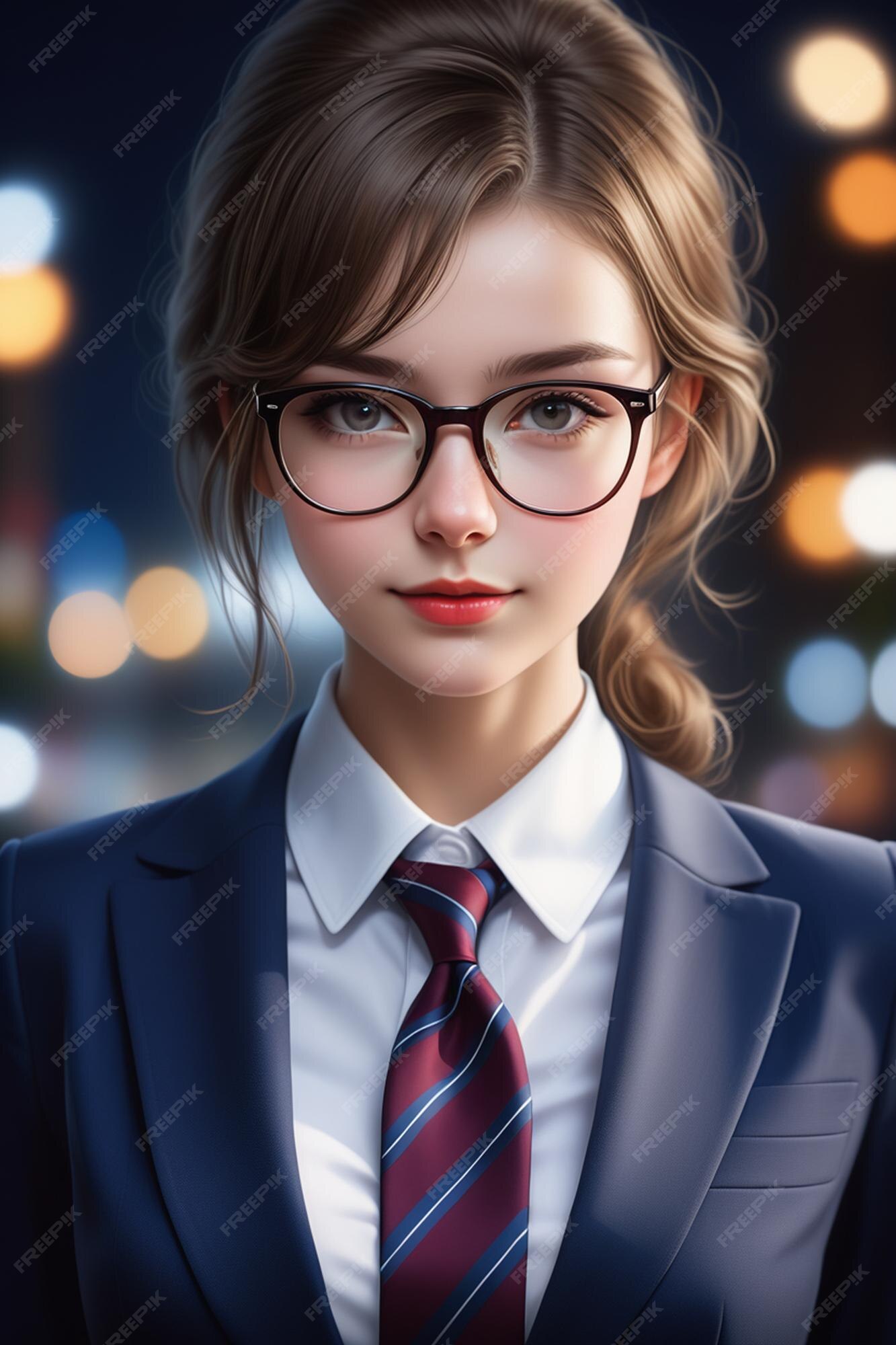 Premium Photo A Young European Pretty Girl In Suit And Glasses On A Night Background In