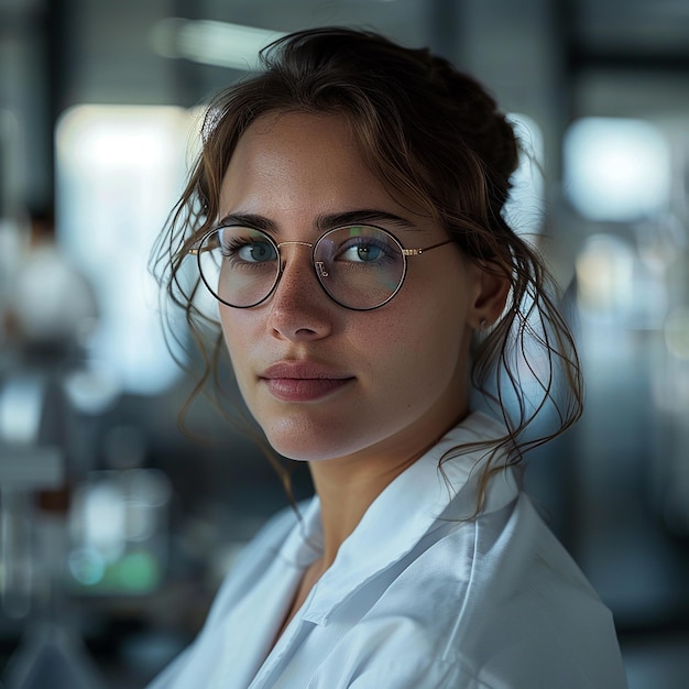 Premium Photo Young Female Scientist In White Coat And Glasses In Modern Medical Lab With Team