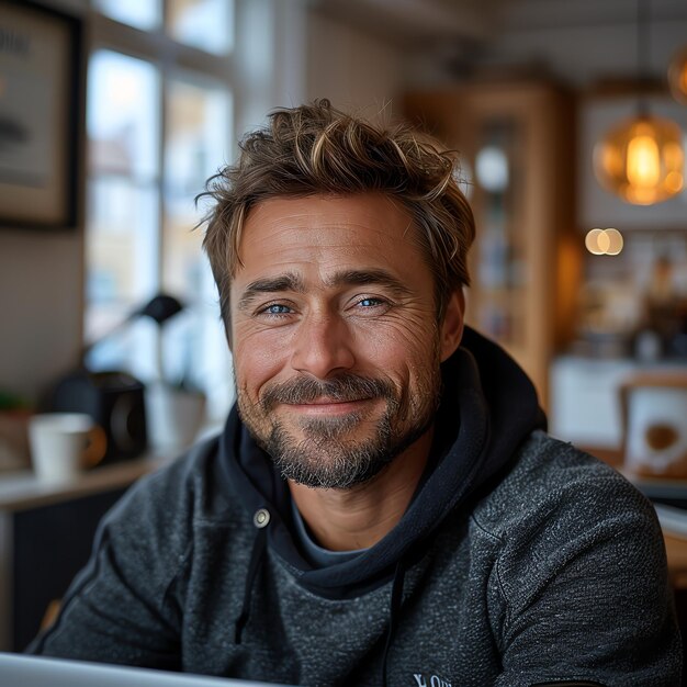 A young freelancer smiling man in casual outfit sits working on laptop ... A young freelancer smiling man in casual outfit sits working on laptop ...