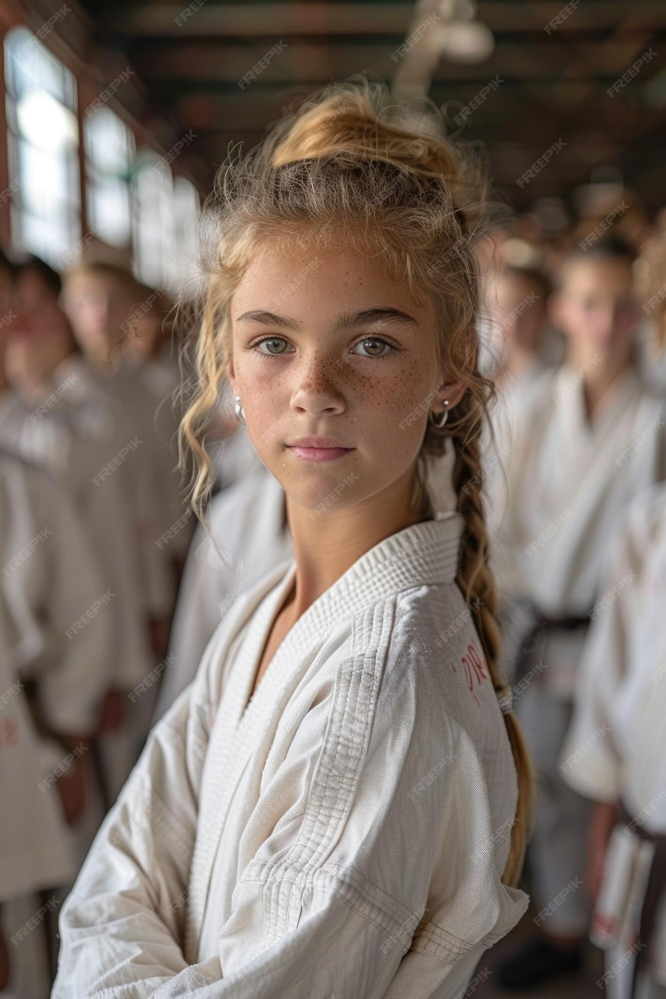 Premium Photo Young Girl In Karate Uniform With Group In Background
