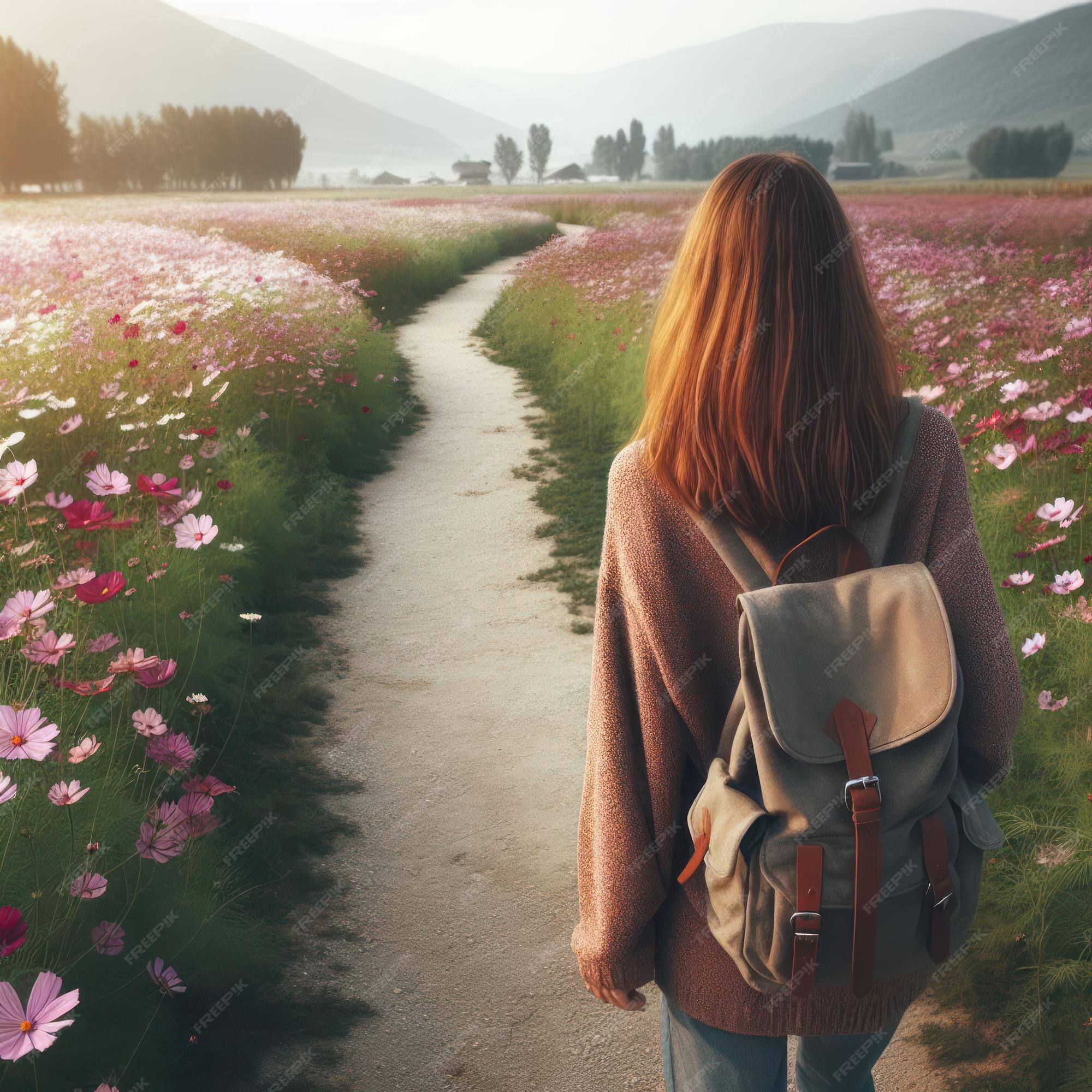 Premium Photo A Young Girl Walking On A Path Through A Field Of Flowers