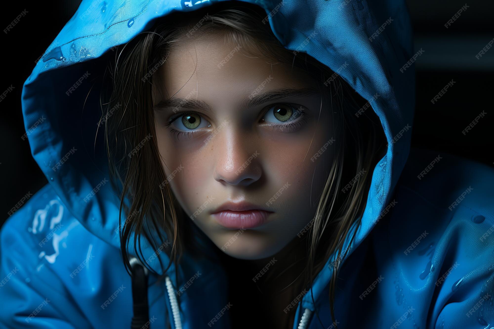 Premium Ai Image A Young Girl Wearing A Blue Hoodie