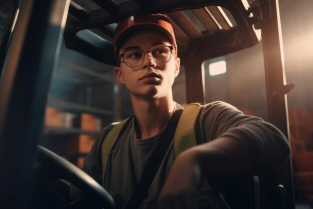 Premium AI Image | Young male forklift warehouse worker Generate ai Premium AI Image | Young male forklift warehouse worker Generate ai